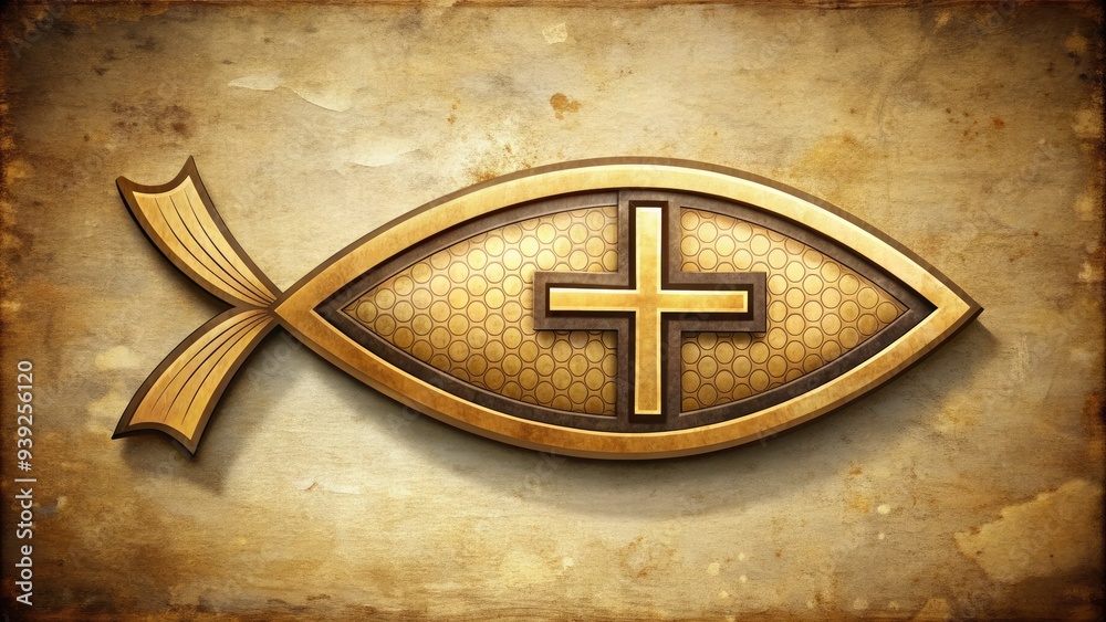 Vintage illustration of a stylized fish symbol with a subtle crucifix ...