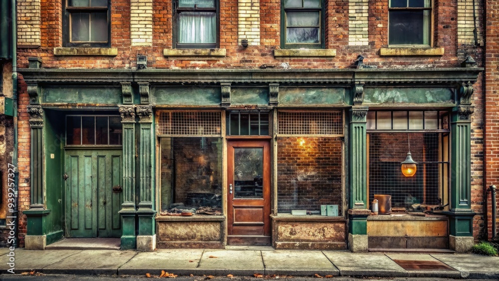 Vintage-style storefront with distressed brick facade, faded signage ...
