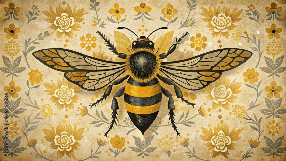 Vintage yellow and black bee illustration with floral patterns and ...