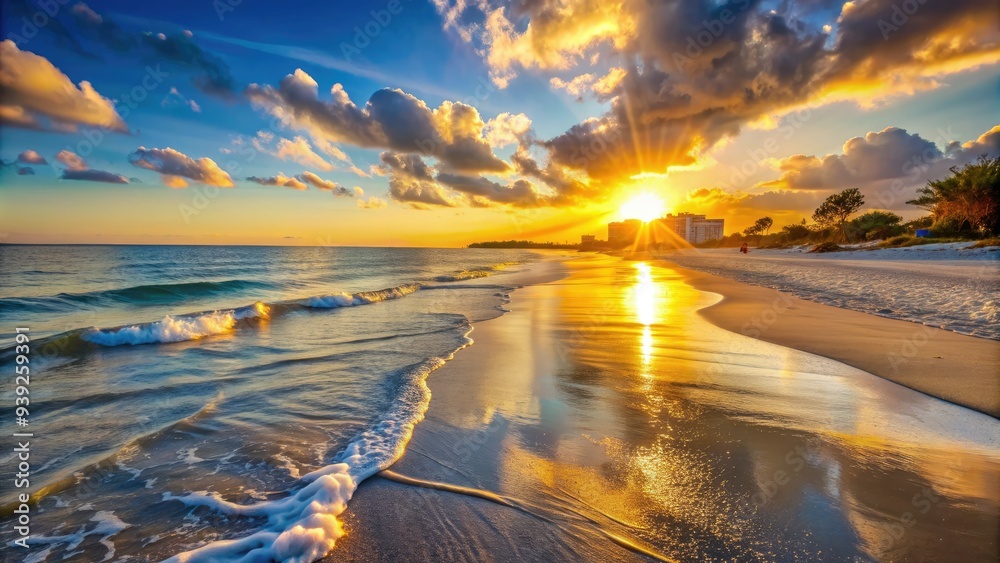 Warm sunlight casts a golden glow on the serene shores of Sarasota ...