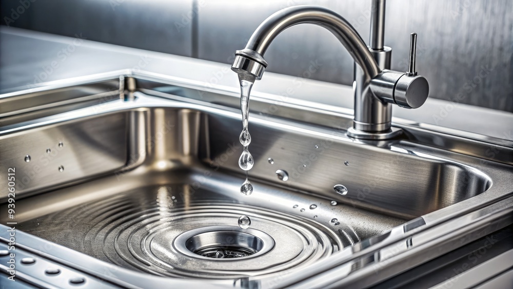 Water droplets slowly dripping from the faucet of a modern kitchen sink ...