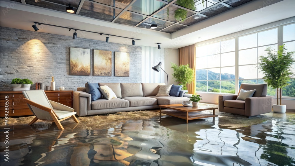Water-soaked furniture and debris scattered throughout a flooded living ...