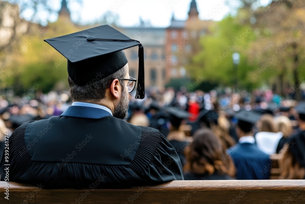 A graduate wearing a cap and gown sits with their back to the camera ...