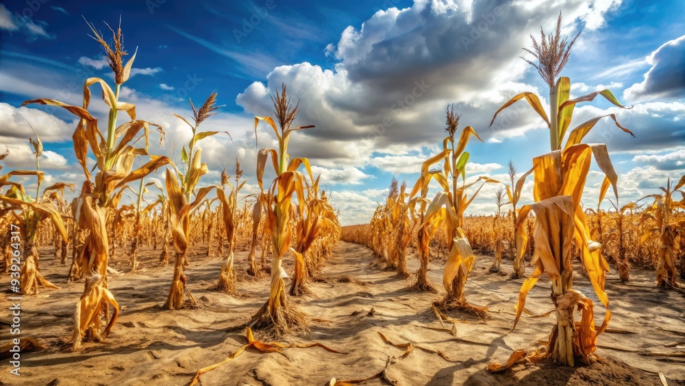 Wilted and withered corn stalks stand parched in a desolate, cracked ...