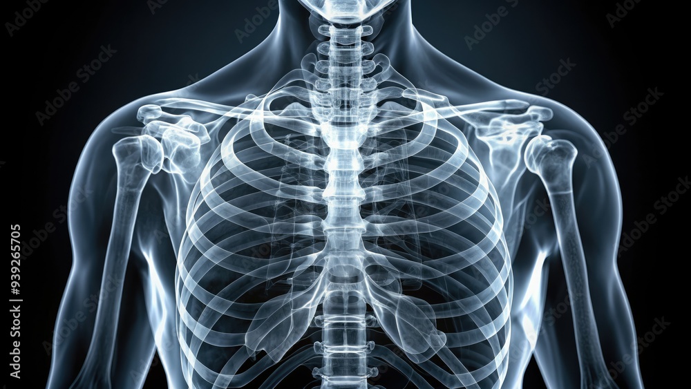 X-ray image of human ribcage and thoracic spine, highlighting intricate ...