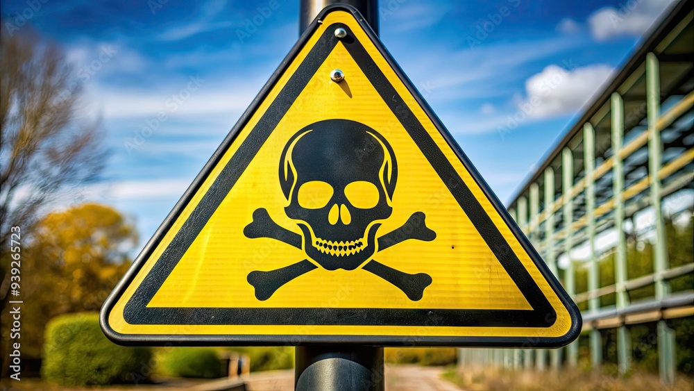 Yellow and black warning sign with exclamation mark and skull symbol ...