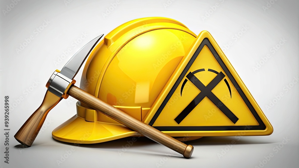 Yellow warning symbol featuring a mining helmet and pickaxe crossed out ...