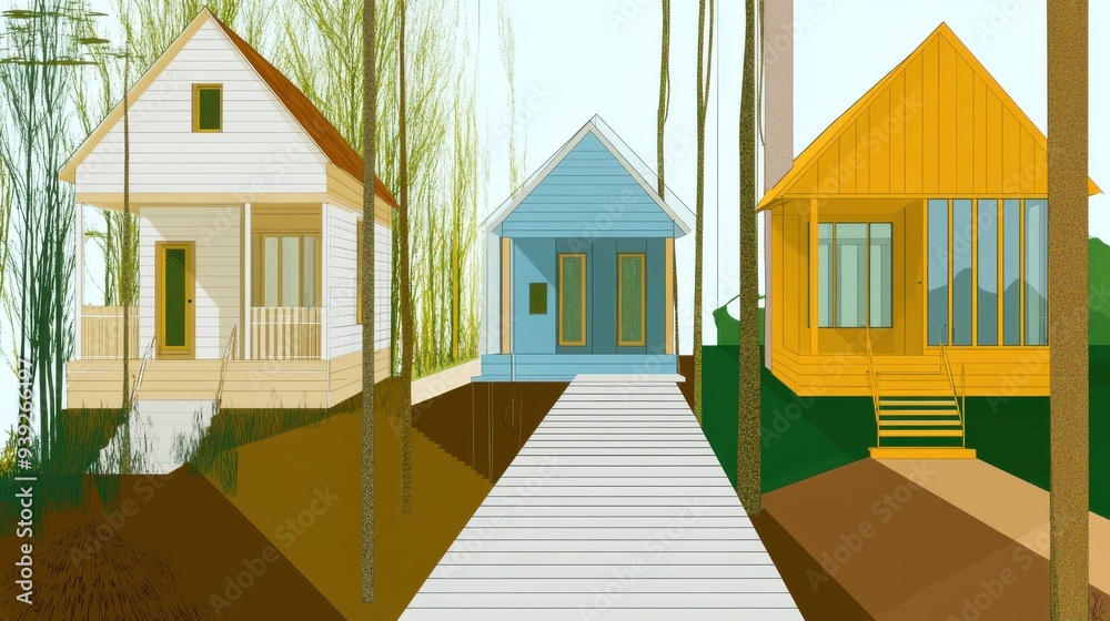 Vibrant Eco-Homes in Green Landscape, showcasing energy-efficient ...