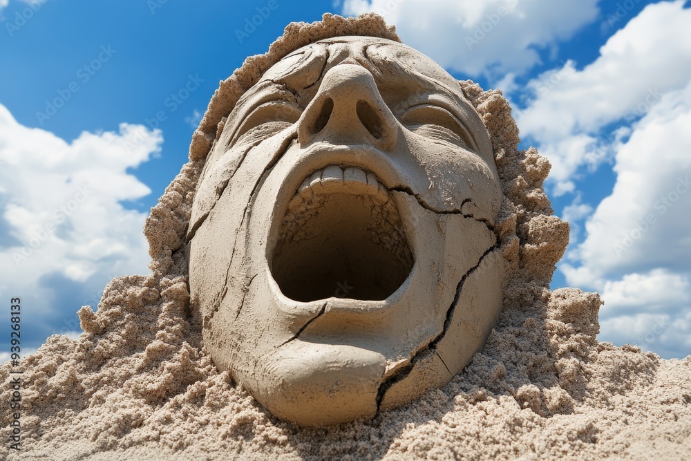 A dramatic sand sculpture depicting a screaming face emerges from the ...