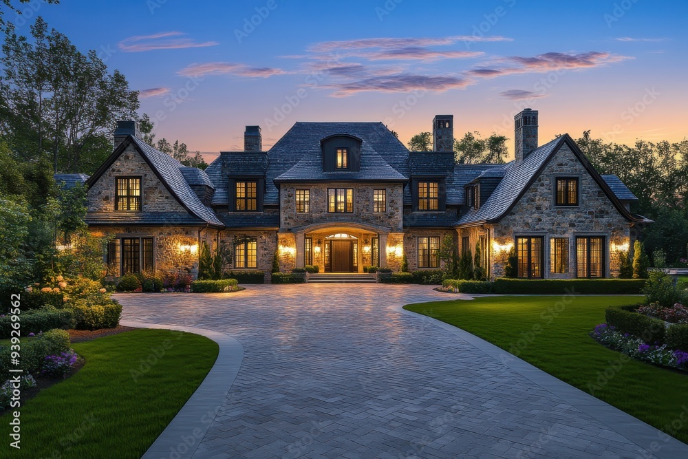 Beautiful modern farmhouse exterior view at twilight, featuring a well ...