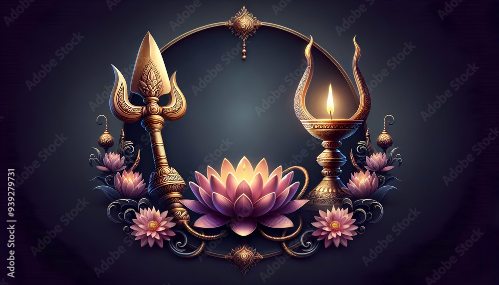 Trishul and Lotus with Diya Frame concept as Horizontal frame with a ...