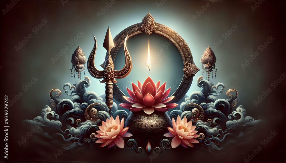 Trishul and Lotus with Diya Frame concept as Horizontal frame with a ...