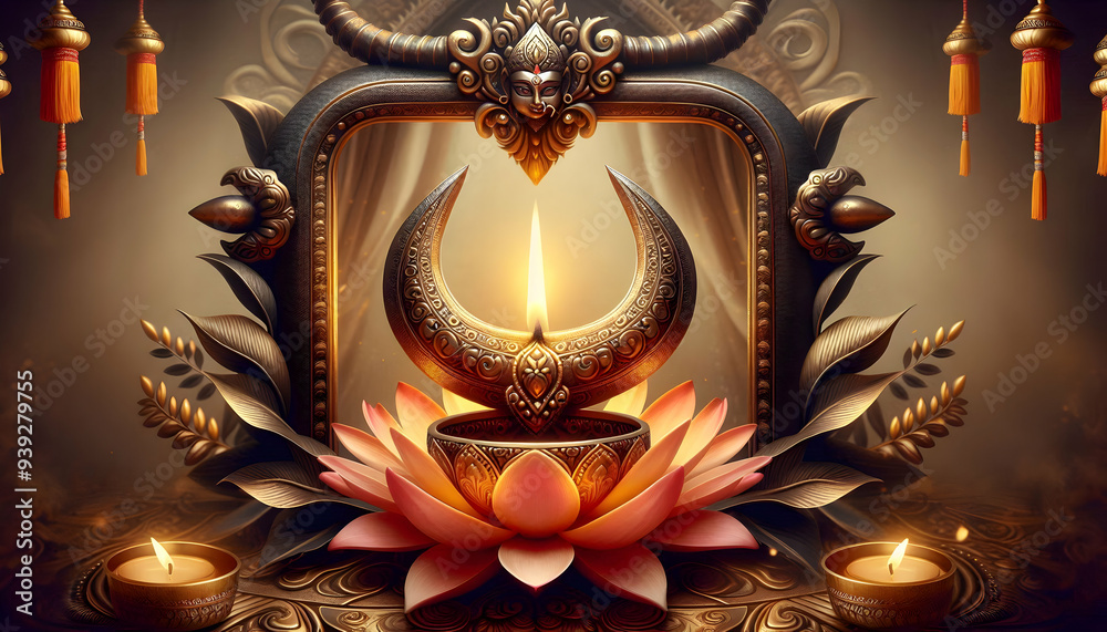Trishul and Lotus with Diya Frame concept as Horizontal frame with a ...