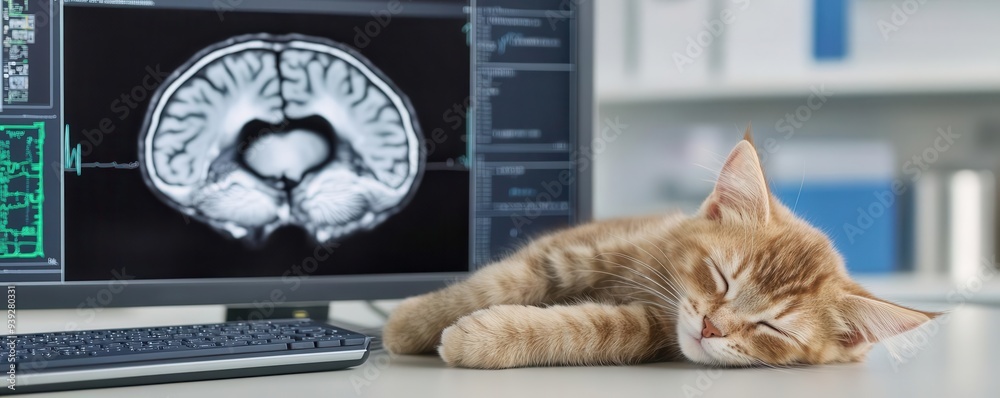 A detailed view of a 3D MRI scan of a cat s brain on a computer screen ...