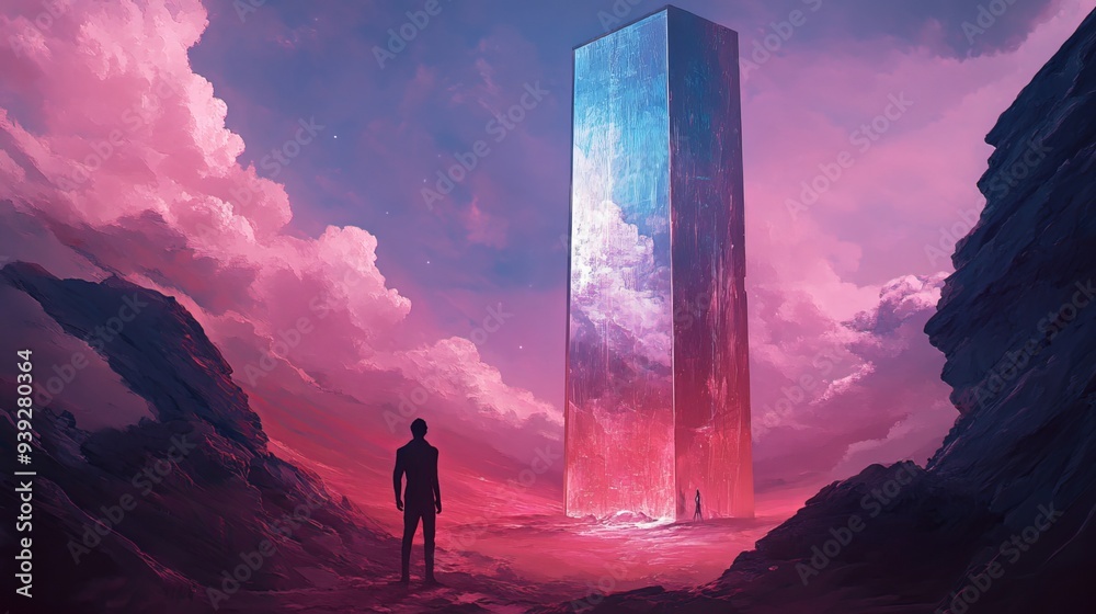 An Enigmatic Figure Stands Tall Before A Towering Mirror Door Set Against An Otherworldly Vista