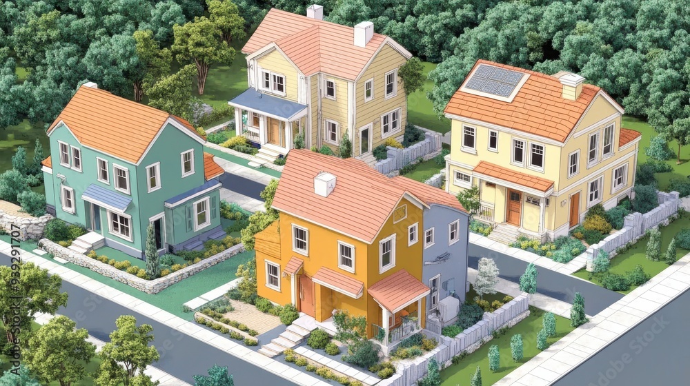 Vibrant animated scene of eco-friendly homes in a sustainable ...