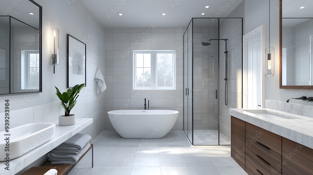 29. A chic bathroom with a freestanding tub, a floating vanity, and ...