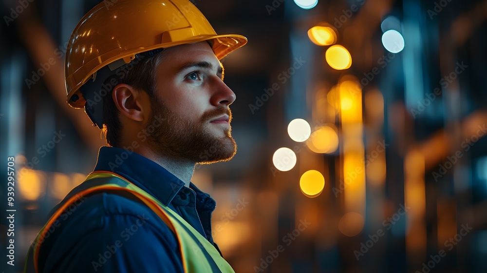 Industrial worker, yellow hard hat, high-visibility vest, blue uniform ...
