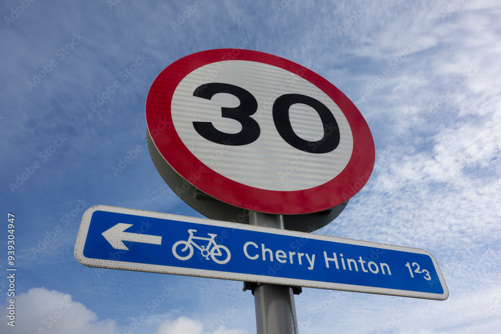 30mph speed limit sign and cycle direction sign in Cambridge, England ...