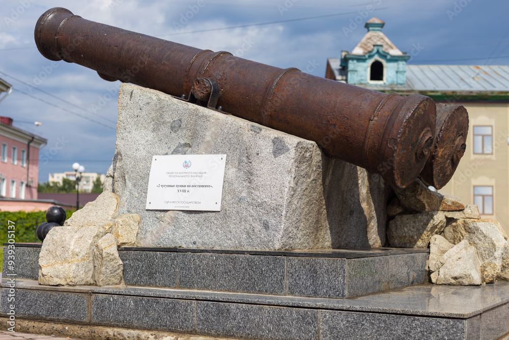 Biysk, Russia - June 11, 2024: Close-up of two cast iron cannons on a ...