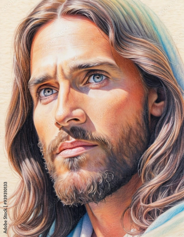 Portrait of a Man Dressed as Jesus. White robe. Long brown hair and ...