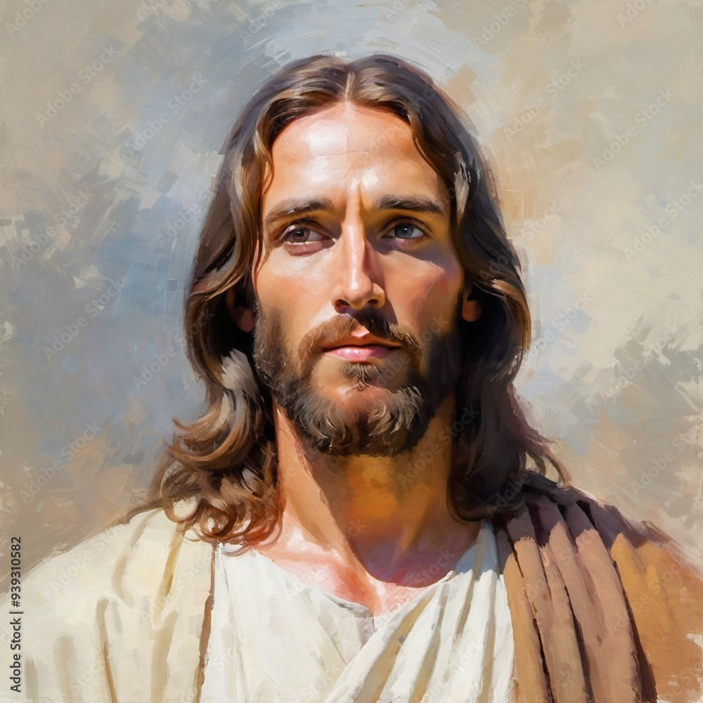 Portrait of a Man Dressed as Jesus. White robe. Long brown hair and ...