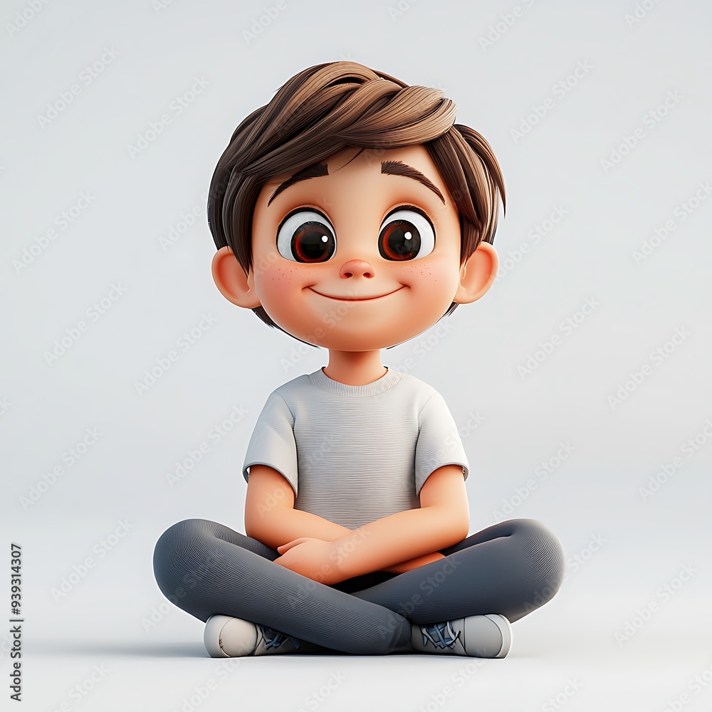 A cartoon child sitting with legs crossed, looking content, with studio ...