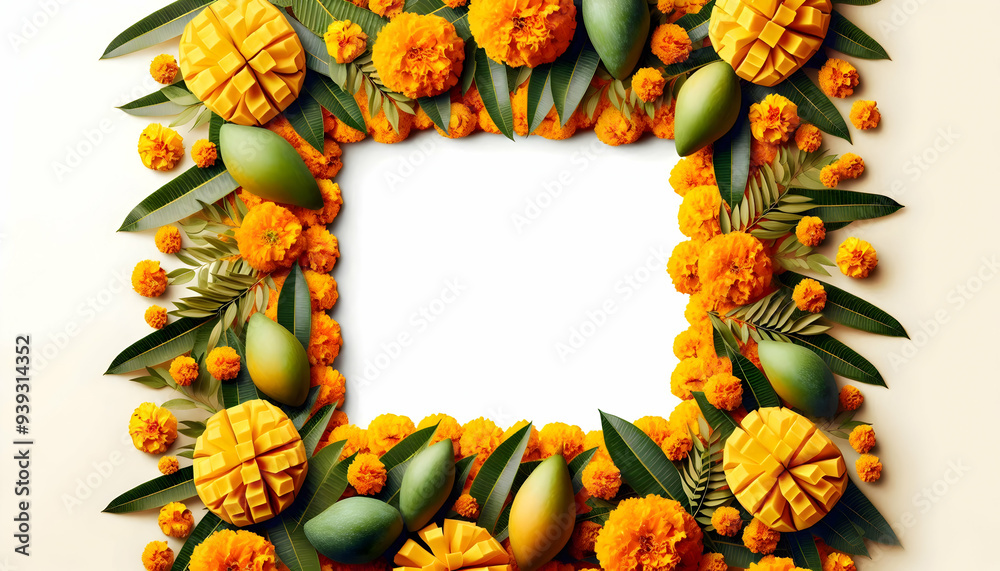 Marigold and Mango Leaves Garland Frame concept as Vertical frame with ...