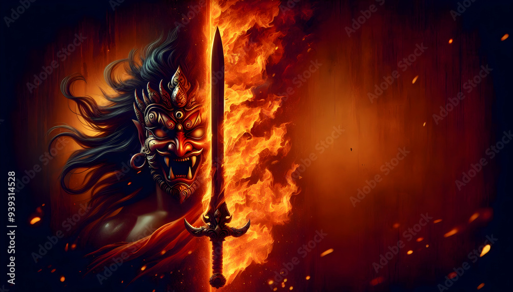 Ravana Mask and Flaming Sword Frame concept as Horizontal frame with a ...
