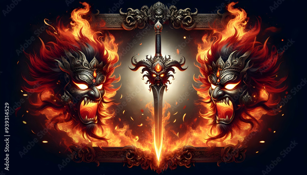 Ravana Mask and Flaming Sword Frame concept as Horizontal frame with a ...