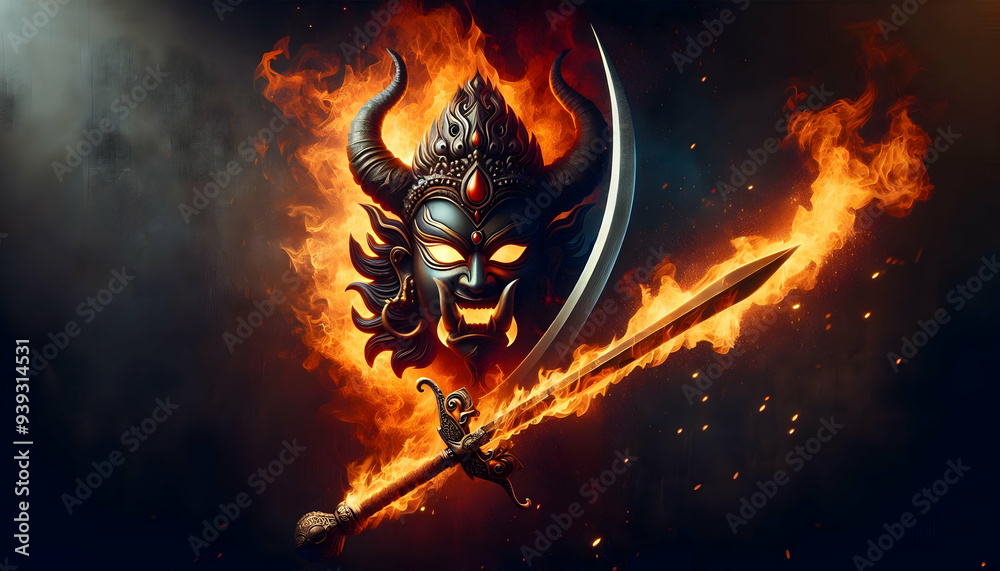 Ravana Mask and Flaming Sword Frame concept as Horizontal frame with a ...