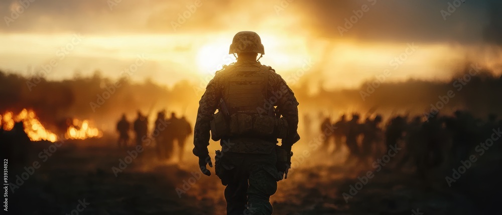 Military soldier in full gear walking towards a battlefield at sunset ...