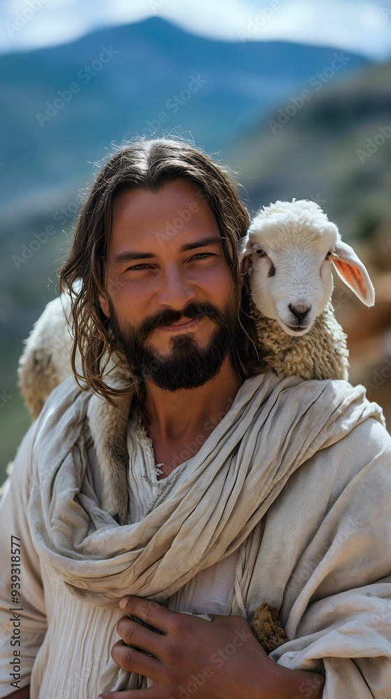 Biblical illustration, Jesus Carrying Lamb on His Shoulders Stock Photo ...