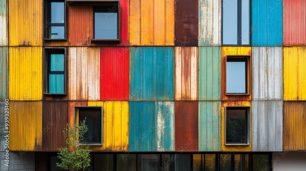 Colorful building facade with various vibrant panels and windows ...