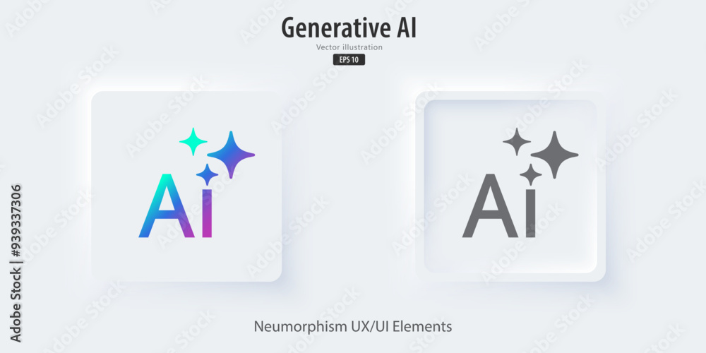 Generate AI icon. A set of 3D buttons active and inactive with icon symbols. Neumorphism style ...