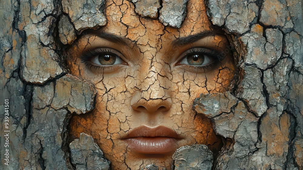 abstract portrait merging human face with tree bark texture bold brush ...