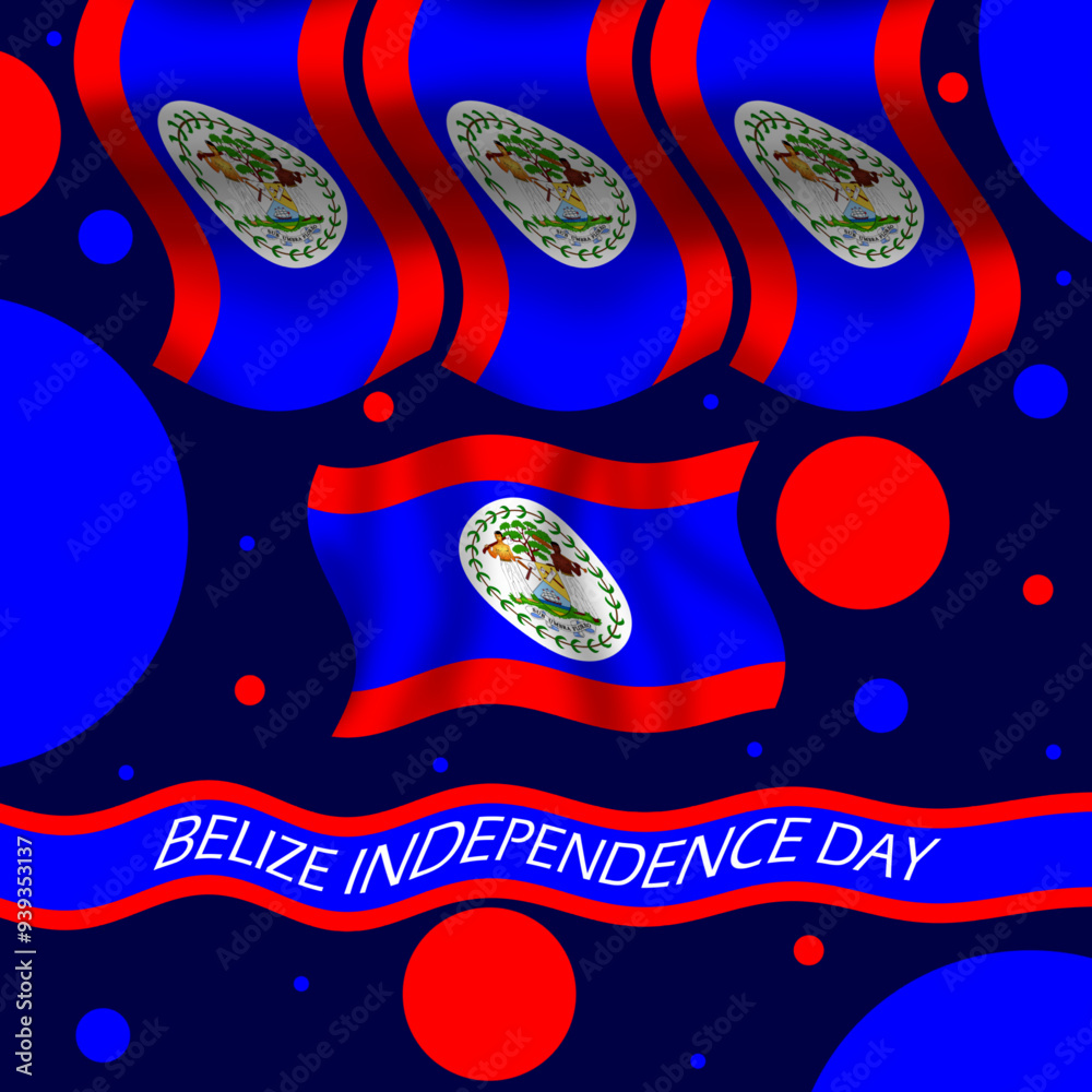 Belize Independence Day event banner. Belize flag flying on dark blue ...