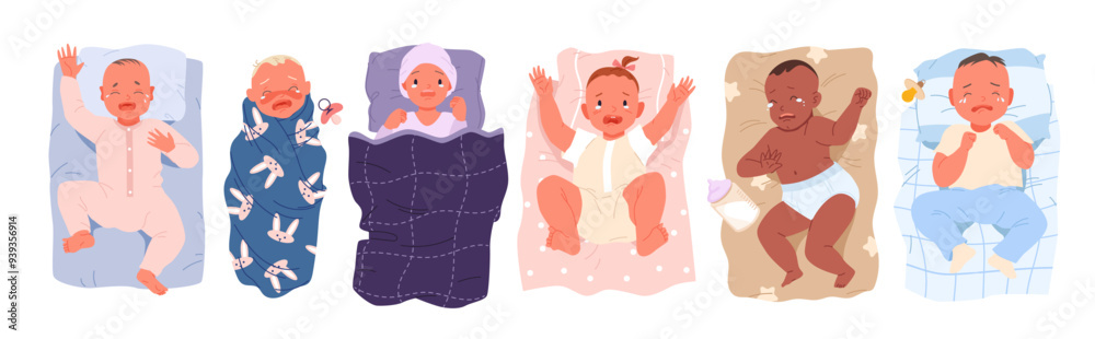 Sad newborn baby crying set. Boys and girls cry, top view of neglected ...