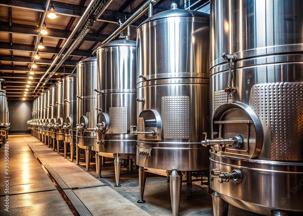 Shiny stainless steel tank barrels line up in a dimly lit brewery or ...
