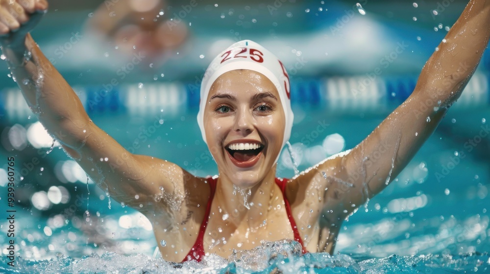 Woman swimmer in the pool raising her arms and cheering during a ...