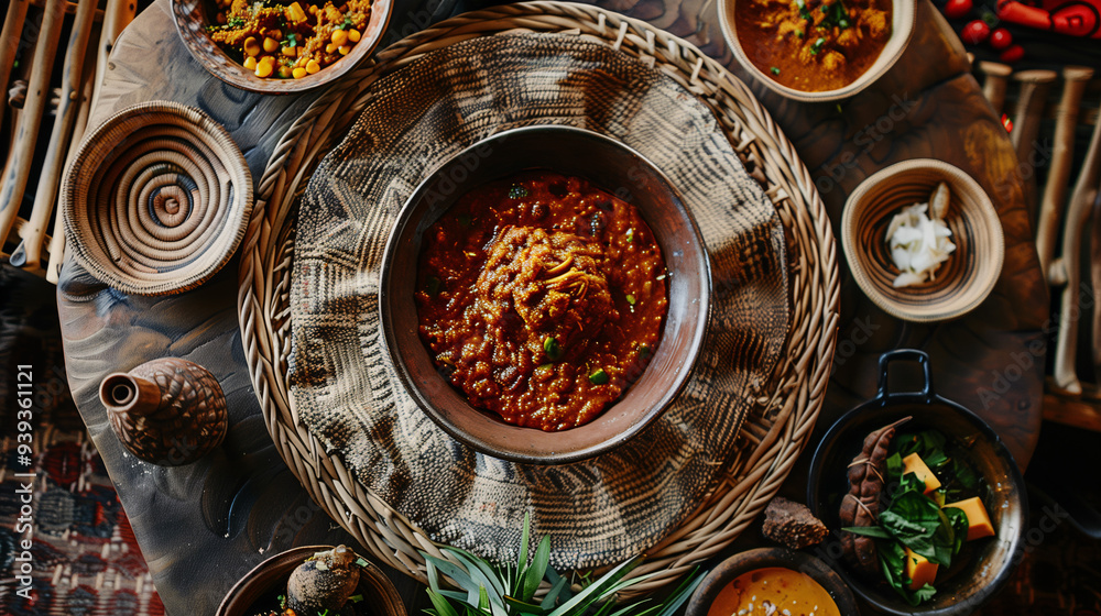 Ethiopian doro wat, spicy chicken stew, served on a large injera bread ...