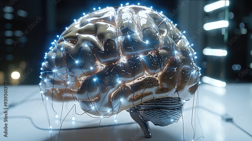 An electronic brain on a white table, mechanic brain built with ...
