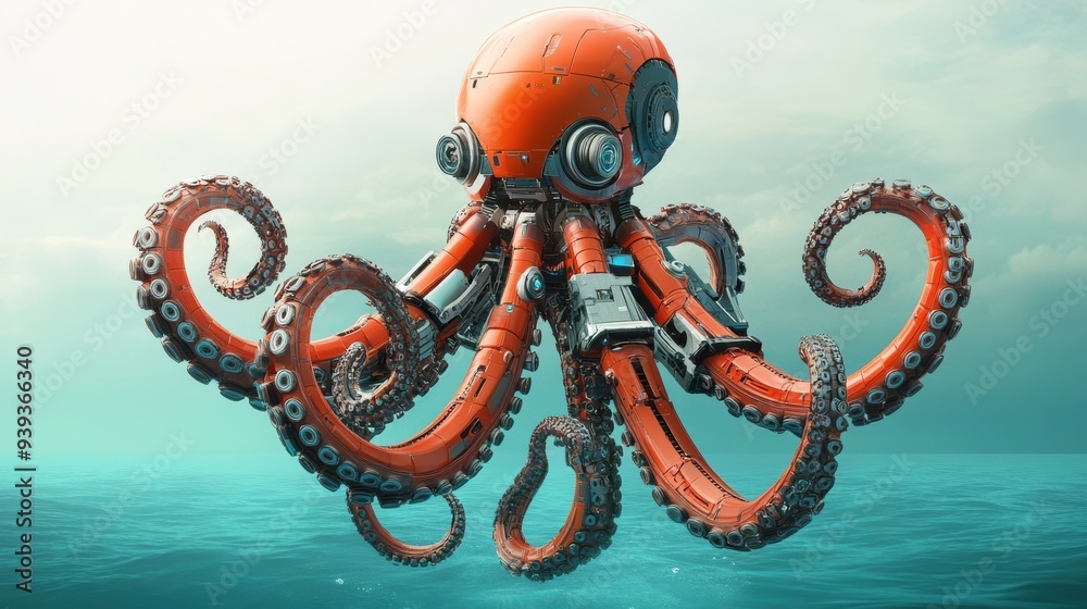 Giant robotic octopus with mechanical tentacles in an ocean setting, 3d ...