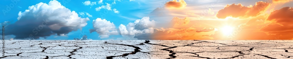 Dramatic climate change landscape showing a barren, cracked earth under ...