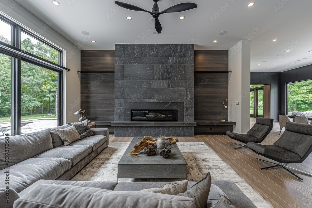 Large open concept living room with light wood floors, grey couches ...