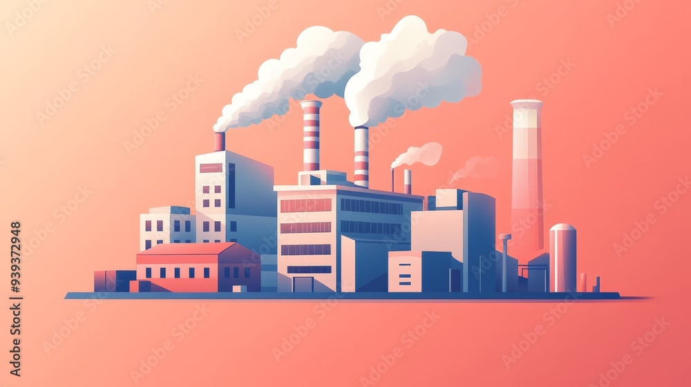An illustration of a factory with emissions being filtered and purified ...