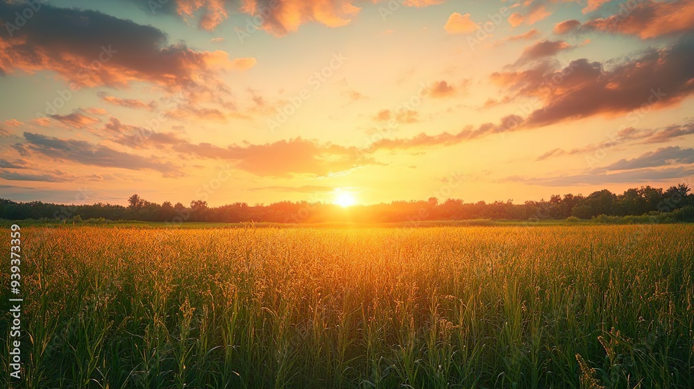Quiet sunrise over a peaceful meadow ideal for nature-themed and ...