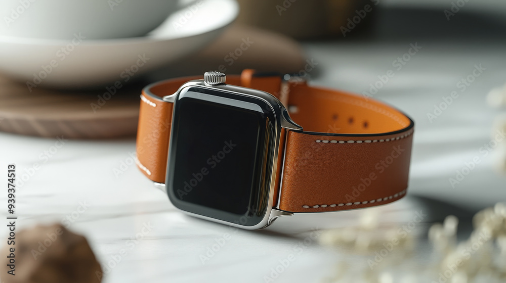 Generate a fashionable image of a sustainable smartwatch band made from ...