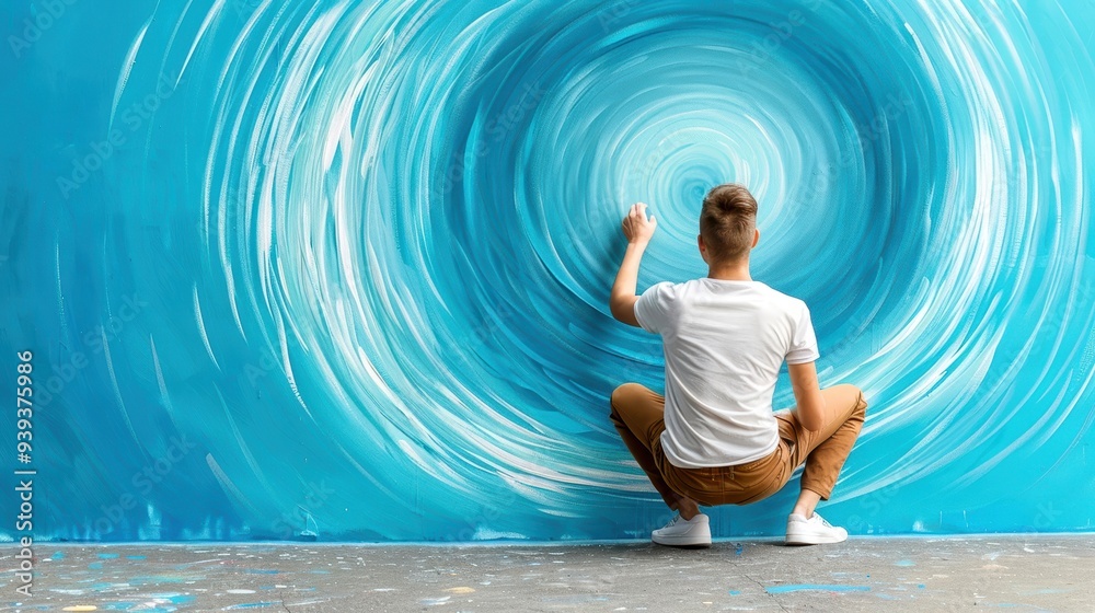 Man painting a mesmerizing blue vortex mural on a large wall, using a ...
