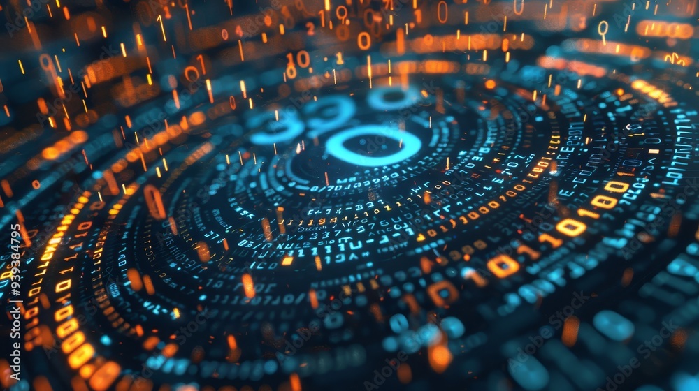 An abstract portrayal of digital data flow featuring binary code and ...